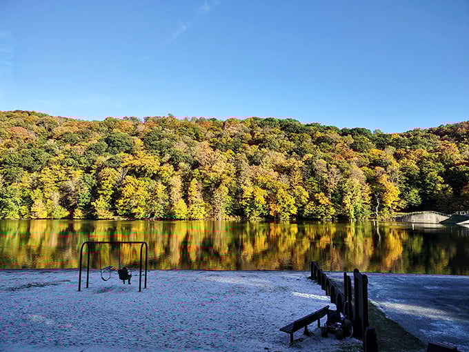Beach day, Pennsylvania style! The golden hillsides create a natural amphitheater around this pristine swimming spot. Forget the ocean – this is better.