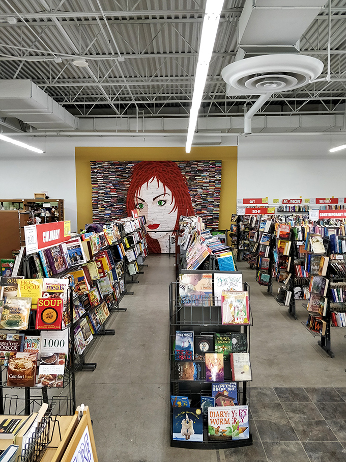 The book section features a striking red-haired portrait created from book spines—proof that even in an antique store, contemporary art finds its place.