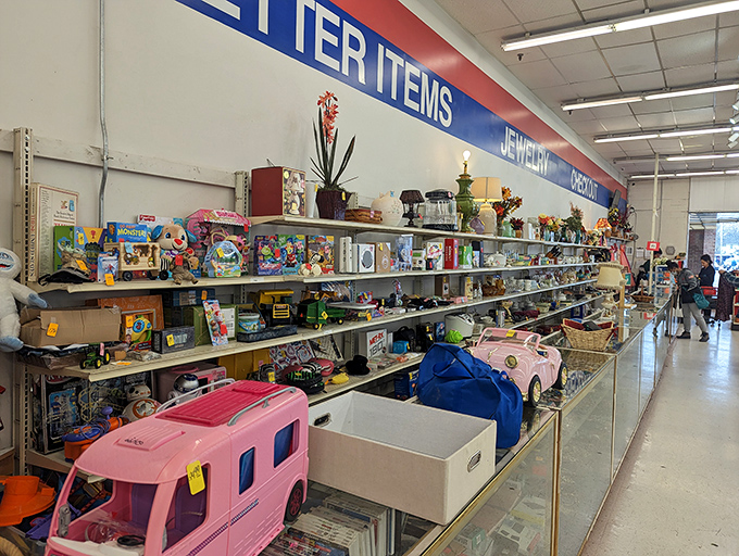 Knickknacks and novelties line these shelves like an archaeological dig through America's living rooms. Every item tells a story.