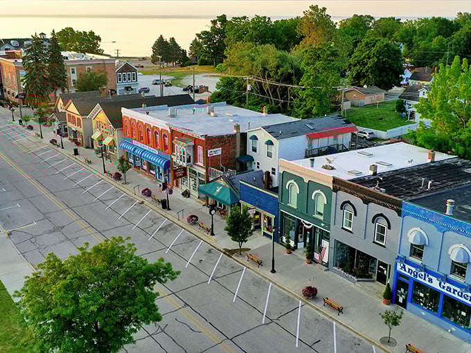 From above, Lexington reveals its perfect layout—charming downtown buildings nestled against the blue expanse of Lake Huron, nature's ultimate backdrop.
