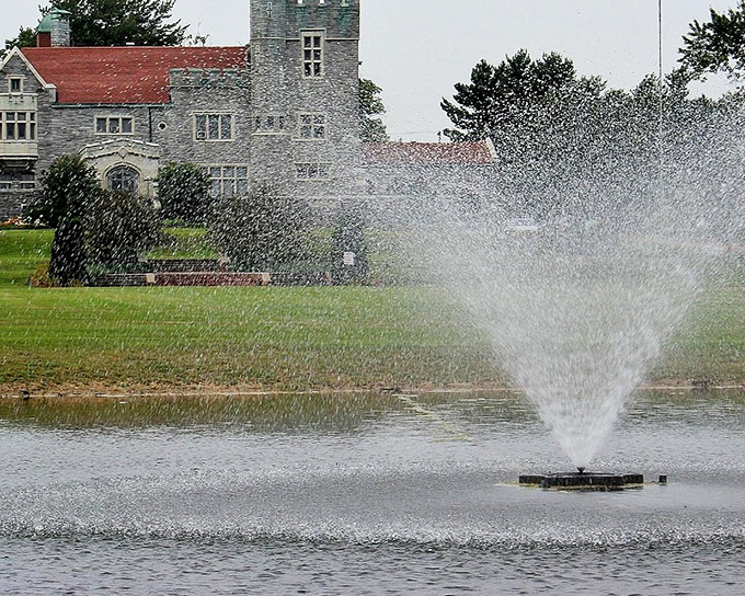 A fountain dances in the foreground while the castle looms majestically behind, creating the perfect "I can't believe this is Ohio" moment.