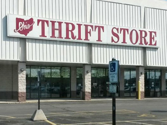 That iconic Ohio silhouette promises a distinctly Buckeye brand of thrifting adventures—no passport required for this epic journey.