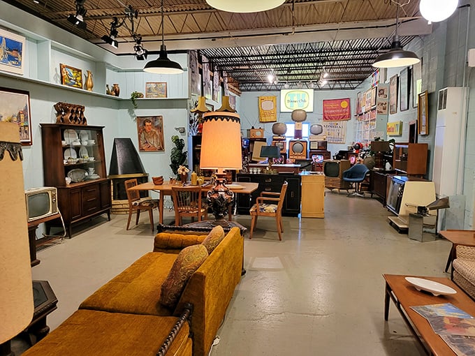A perfectly preserved living room scene that makes you wonder if the Brady Bunch might drop by for cocktails any minute now.