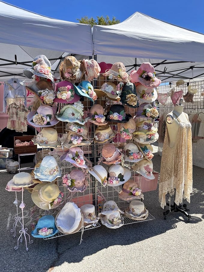 A kaleidoscope of vintage hats blooms like a garden of nostalgia, each flowery creation telling stories of tea parties and Sunday services past.