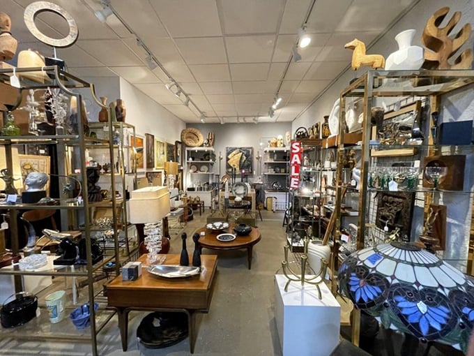 Meticulously organized shelves create narrow pathways of discovery, where mid-century treasures await the patient explorer.