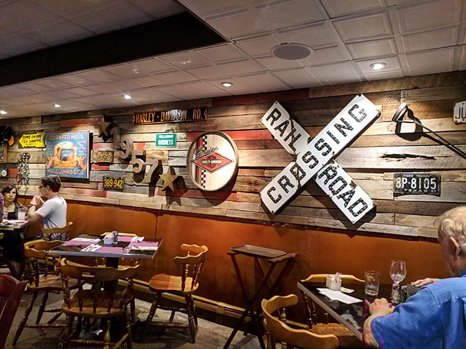 Railroad memorabilia and warm lighting create the perfect backdrop for serious steak conversations and even more serious eating.