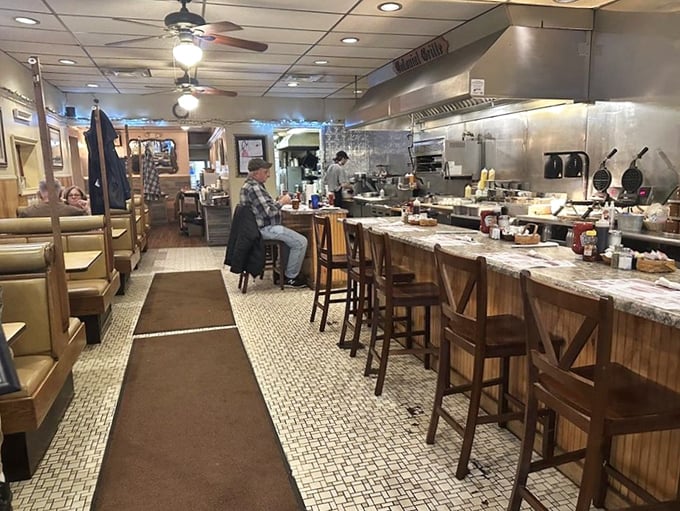 Where breakfast dreams come true – the well-worn counter and cozy booths tell stories of countless morning rituals and coffee refills that have nourished Irwin locals for generations.