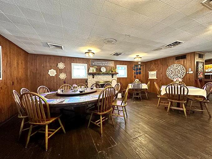 Warm wood paneling and Windsor chairs create that perfect "grandma's dining room" vibe – minus the plastic-covered furniture and awkward family conversations.