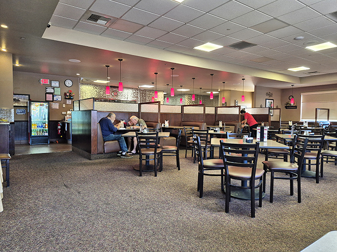 Classic diner ambiance with a touch of California casual. Those pendant lights have witnessed countless first dates, family celebrations, and solo diners finding solace in perfect pancakes.