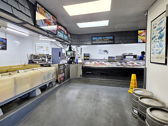 Inside, it's all business – gleaming display cases filled with ocean treasures that were likely swimming just hours before they met your plate.