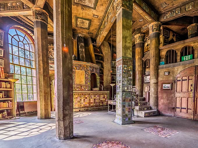 Step inside and prepare for sensory overload—concrete columns meet colorful tiles in a space where medieval monastery meets artistic playground.