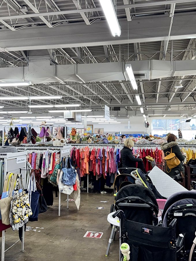 Inside this fluorescent-lit wonderland, shoppers navigate a sea of color-coded clothing racks—each aisle a potential goldmine for the patient treasure hunter.