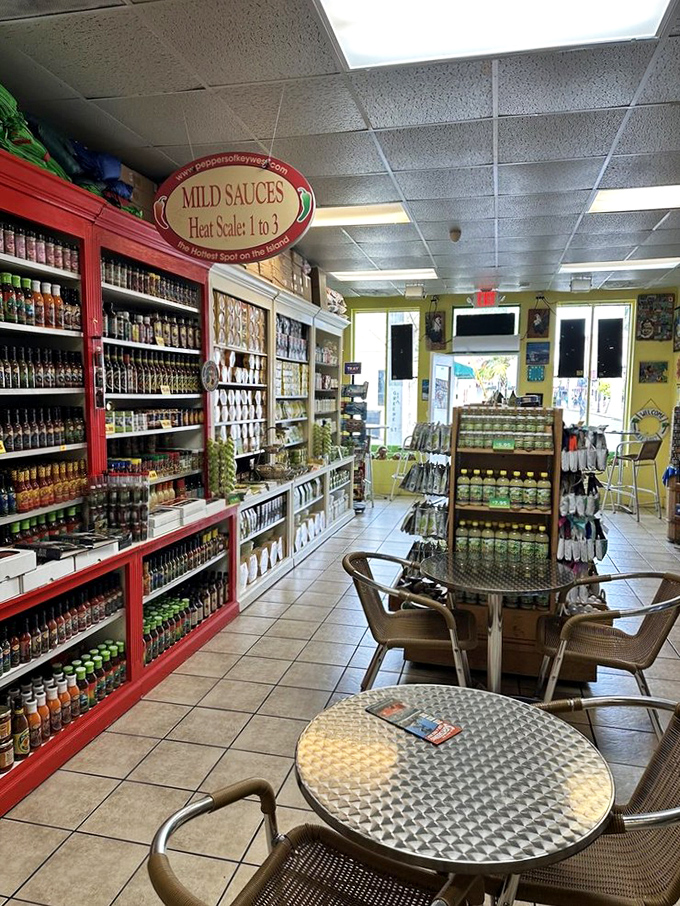 Inside, shelves lined with hot sauces and tropical treats create a colorful backdrop for the main event – those legendary pies.