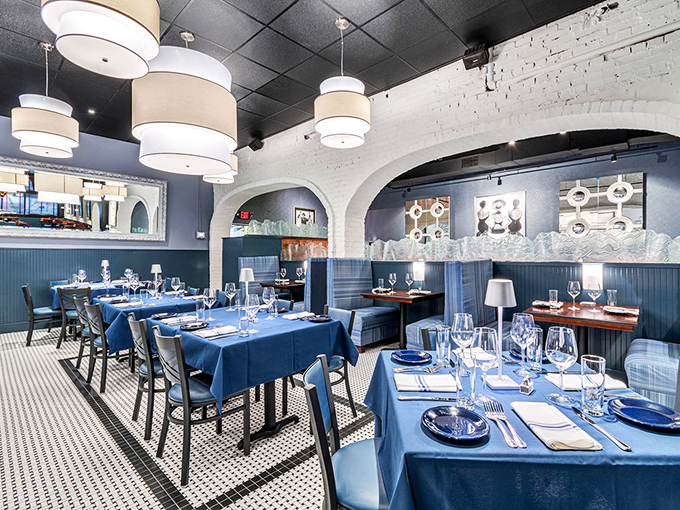 Step inside and you're transported from Ohio to a New England yacht club. Those elegant drum lights and nautical touches create atmosphere without shouting "theme restaurant!"
