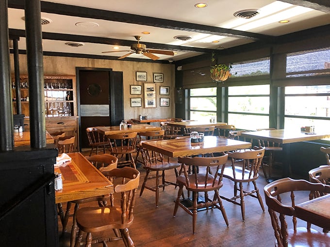 Wooden tables, captain's chairs, and water views create the perfect backdrop for seafood memories. No designer needed—just decades of maritime authenticity.