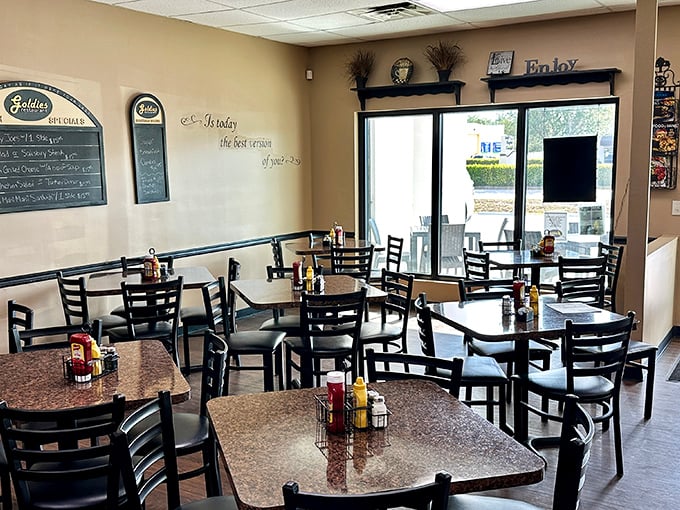 Inside Goldie's, chalkboard menus and simple decor create that perfect diner atmosphere where comfort trumps pretension every time.