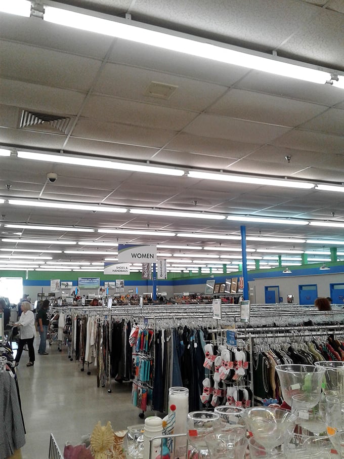 Fluorescent lights illuminate a retail wilderness where savvy shoppers navigate rows of clothing like explorers charting undiscovered territory.