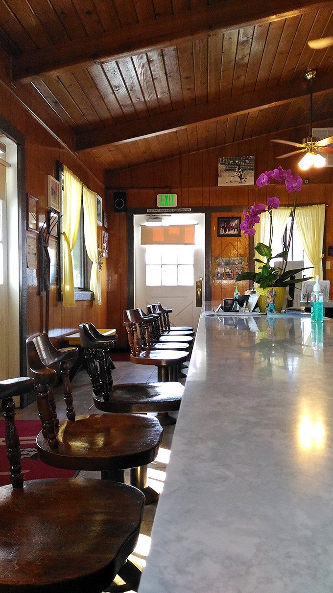 These wooden stools have supported decades of happy eaters. The marble counter gleams with promise while yellow curtains filter California sunshine.