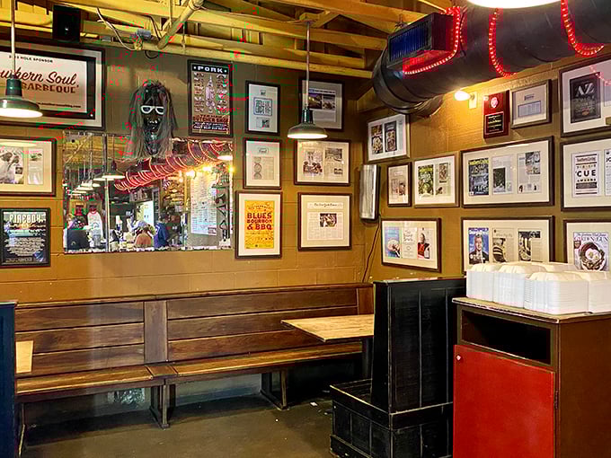 Wall-to-wall barbecue glory – where every framed article and award tells the story of smoke-infused perfection that keeps the faithful returning.