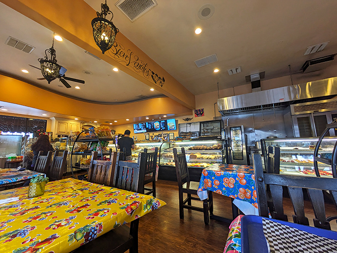Colorful oilcloth-covered tables and hanging lanterns create the perfect backdrop for the serious business of carb appreciation.