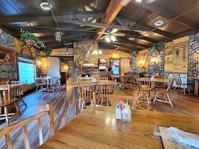 Rustic wooden beams, stone walls, and country charm create the perfect backdrop for the food memories you're about to make.