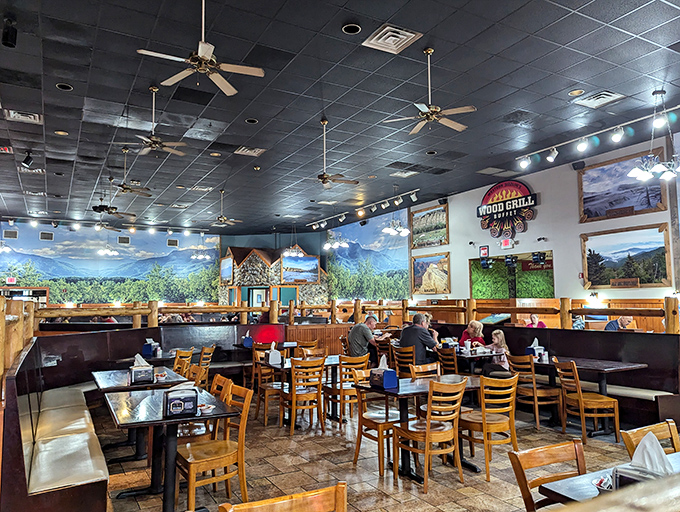 Rustic wooden booths and mountain murals create the perfect backdrop for your all-you-can-eat adventure. Stretchy pants, activate!