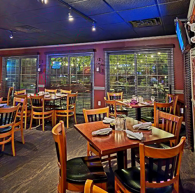 Warm wood tones and comfortable seating create that perfect "why don't we stay for dessert?" atmosphere that turns first-timers into regulars.