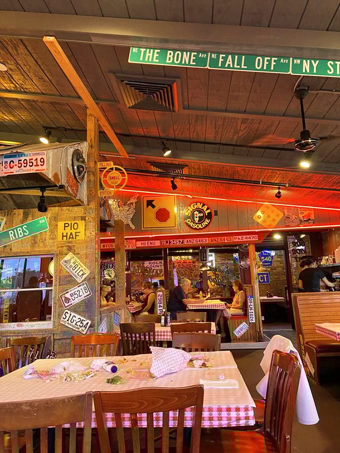 Inside, vintage Americana creates organized chaos where every meal becomes a nostalgic adventure.