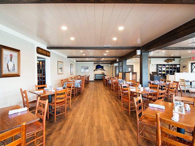 Simple wooden tables and nautical touches create an atmosphere where the seafood, not the décor, rightfully takes center stage.