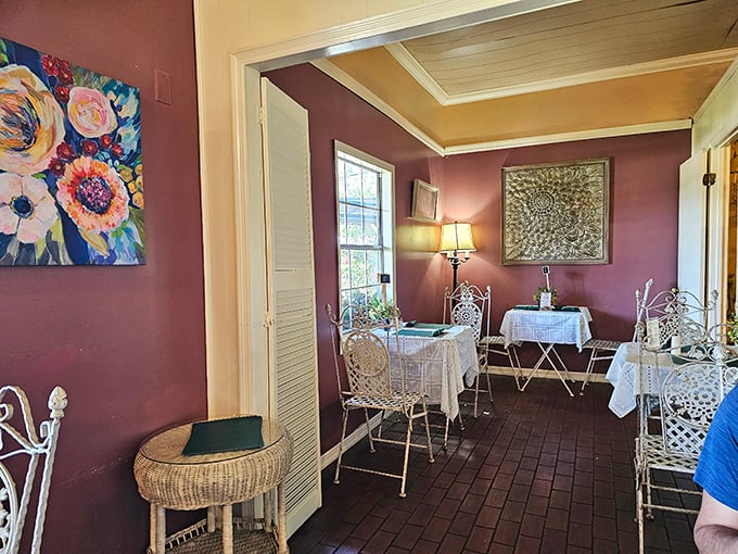 Step inside to plum-colored walls, wrought iron furniture, and local artwork that feels more like dining in someone's cherished home than a restaurant.