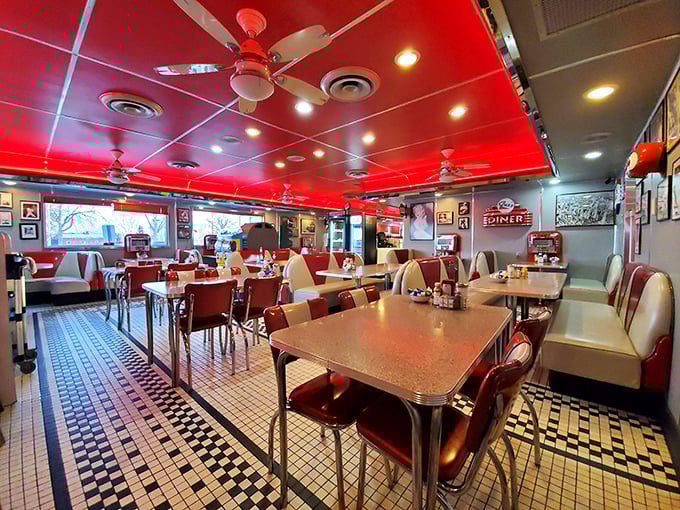 Red ceiling, white booths, gleaming chrome everywhere—this isn't just a diner, it's a technicolor dream where calories don't count and memories are made.
