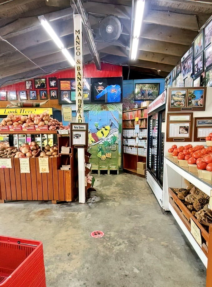 Inside, a fruit wonderland awaits. Wooden bins overflow with exotic varieties while colorful signs guide you through this produce paradise.