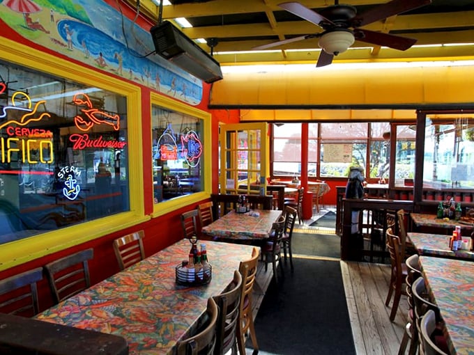 Inside, it's a kaleidoscope of color where neon meets nautical in the happiest possible collision.