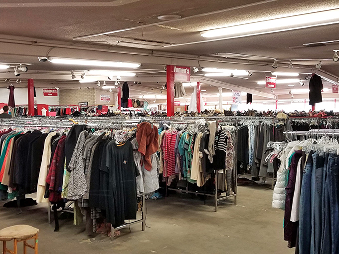 Ocean of possibilities! Rack after rack of clothing stretches into the distance, each hanger potentially holding your next favorite outfit.