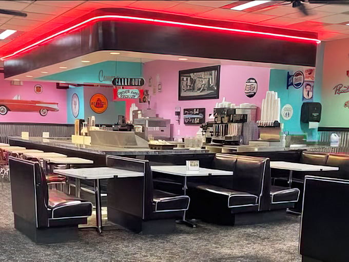 Step inside and the technicolor dream begins—pink walls, turquoise accents, and a counter that's seen more stories than a library.