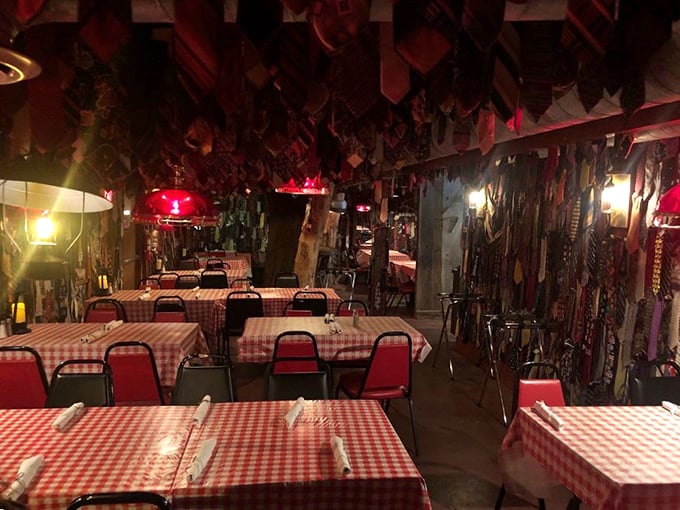 Thousands of severed neckties hang from the ceiling like trophies. Corporate America's loss is this dining room's quirky, unforgettable gain.