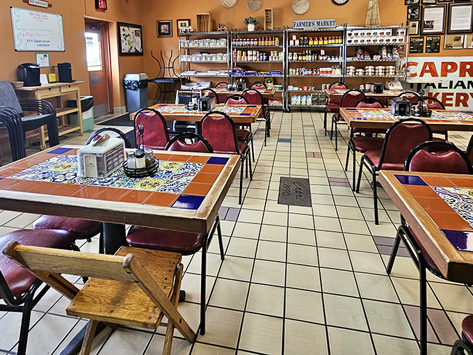 Simple tables with colorful tile tops create the perfect stage for the real stars of the show—those legendary pepperoni rolls that keep Michiganders coming back.