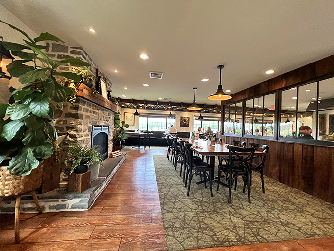 Step inside to discover a dining room where history meets comfort – stone walls, wooden beams, and plants creating the perfect backdrop for memorable meals.