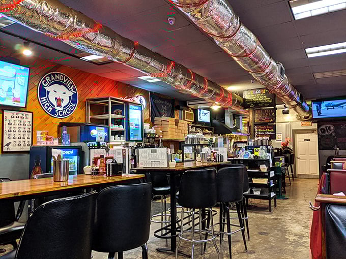 Inside, exposed ductwork and local sports memorabilia create the perfect backdrop for breakfast theater, where every stool has a story.