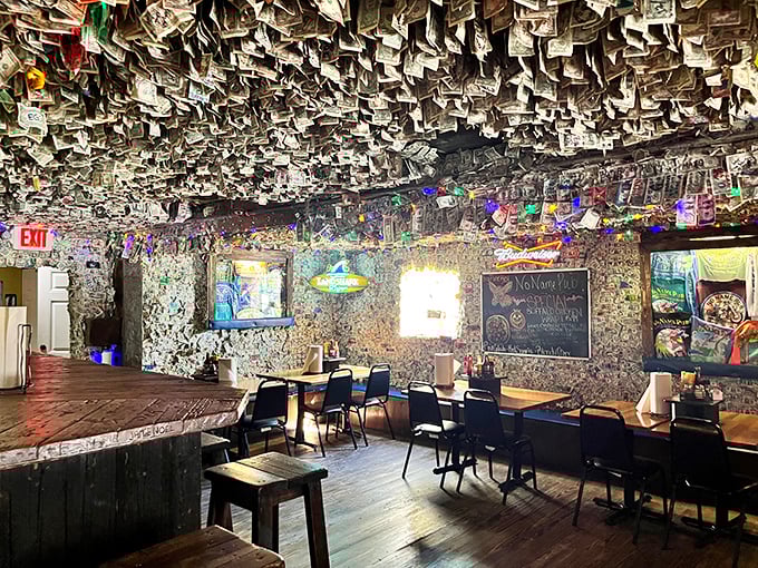 Money doesn't grow on trees, but at No Name Pub, it hangs from the ceiling—thousands of dollar bills creating perhaps the world's most expensive wallpaper.