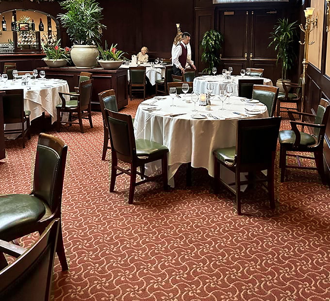 White tablecloths, green leather chairs, and attentive service—this dining room has been perfecting the art of steak enjoyment for decades.