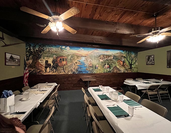 This isn't interior decorating—it's storytelling. The mural depicting Gold Rush scenes reminds you that in California, history is always on the menu.