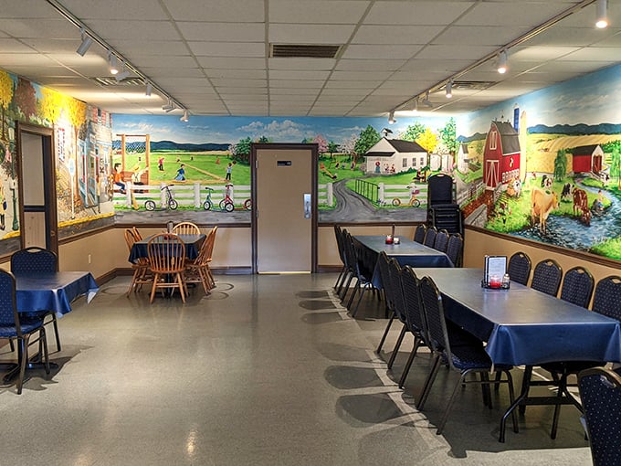 Rural charm comes alive on these walls. The hand-painted murals transform a simple dining room into a celebration of Lancaster County's pastoral beauty.