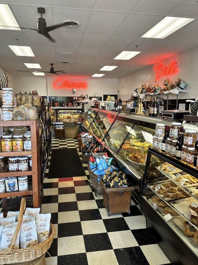 Step into a world where neon "Cheese" and "Deli" signs illuminate your path to happiness. The checkered floor practically screams "authentic Italian-American experience!"