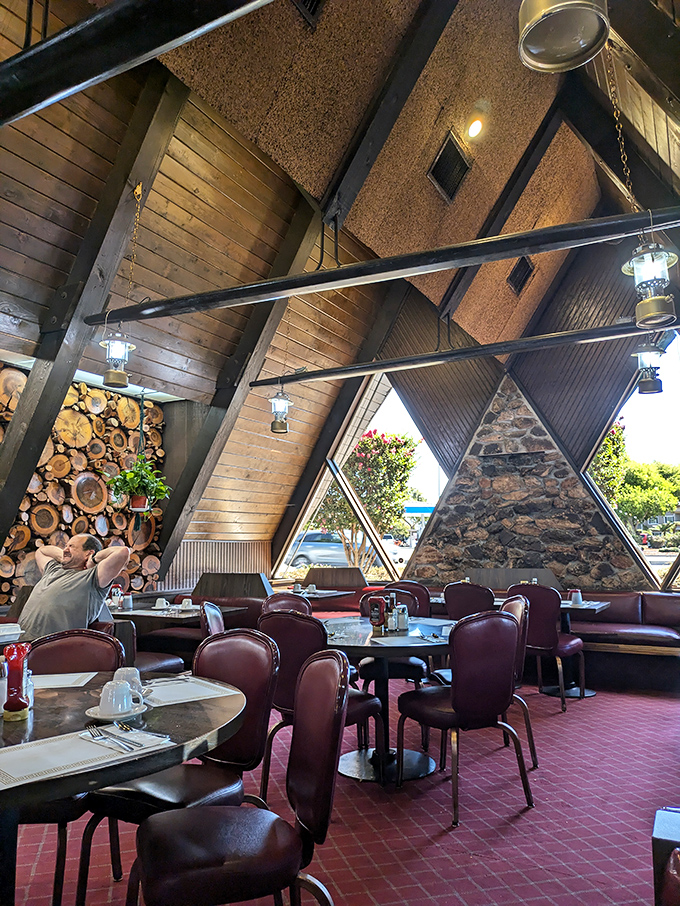 Soaring wooden beams and triangular windows create a cozy lodge atmosphere. It's like having breakfast in a stylish mountain retreat—in suburban Fremont.