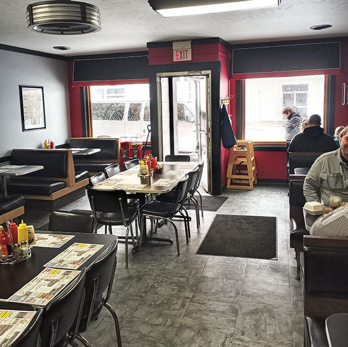 Classic diner simplicity at its finest – where the red accents aren't just decoration, they're a warning that food this good might make you blush with pleasure.