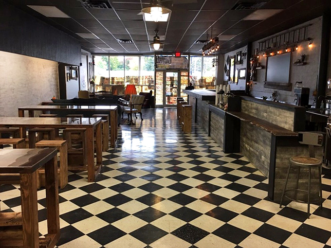 Classic black and white checkerboard floors set the unpretentious stage for culinary magic. No designer needed when the food does the talking.