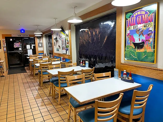 Inside Don's Dock, nautical charm meets no-nonsense dining. The New Orleans jazz gumbo poster hints at flavors that transport you far beyond Illinois borders.