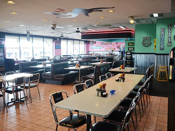 Step inside and time-travel to the era of sock hops and soda jerks. The mint green walls, classic booths, and Route 66 memorabilia create the perfect backdrop for breakfast bliss.