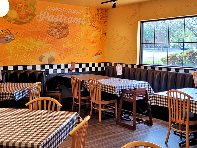 Black and white checkered tablecloths meet vibrant orange walls – it's like your favorite Jewish grandmother's kitchen got a modern makeover.